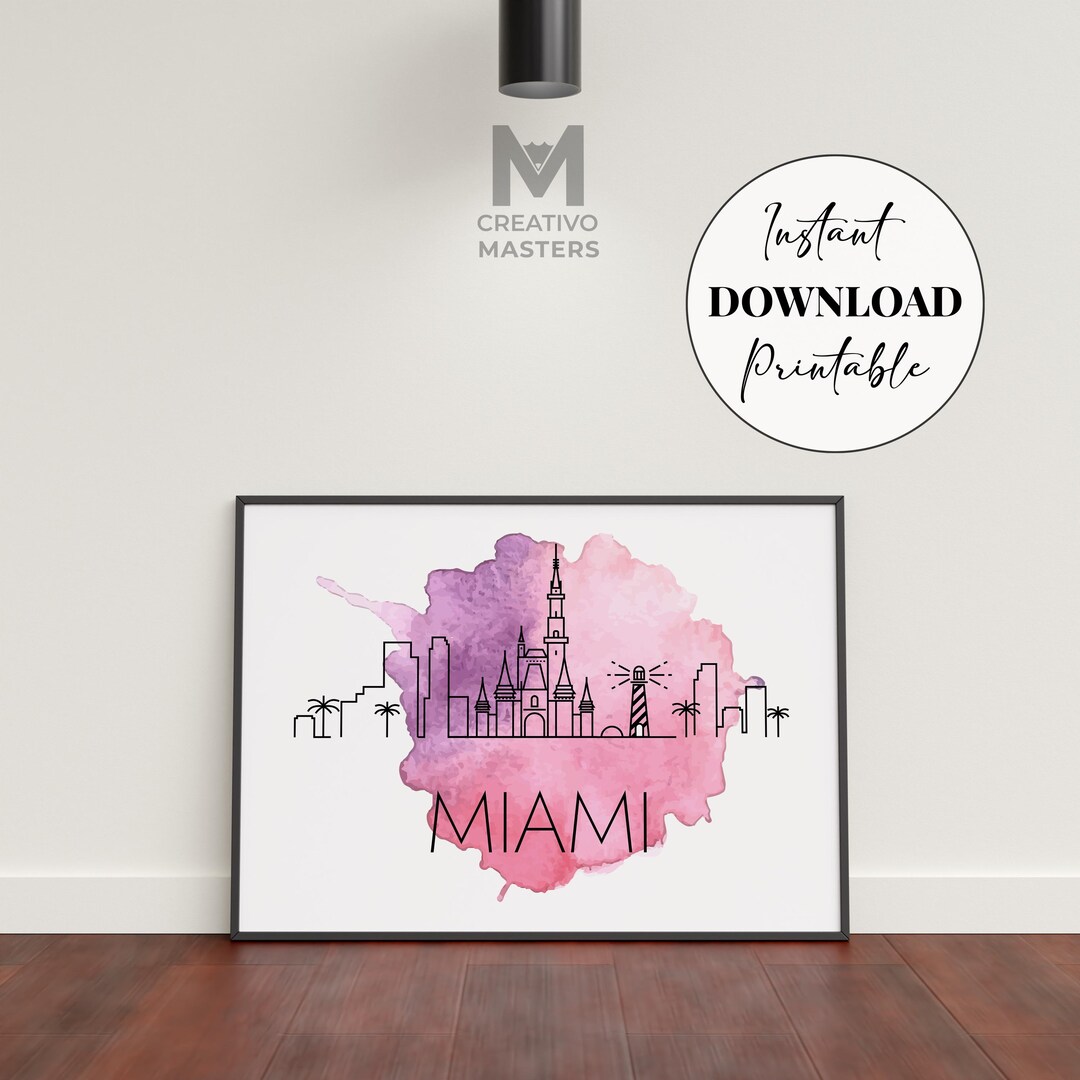 Miami Skyline Print, Florida Printable, Miami Poster, Miami City Print, Miami Miami Watercolor ...