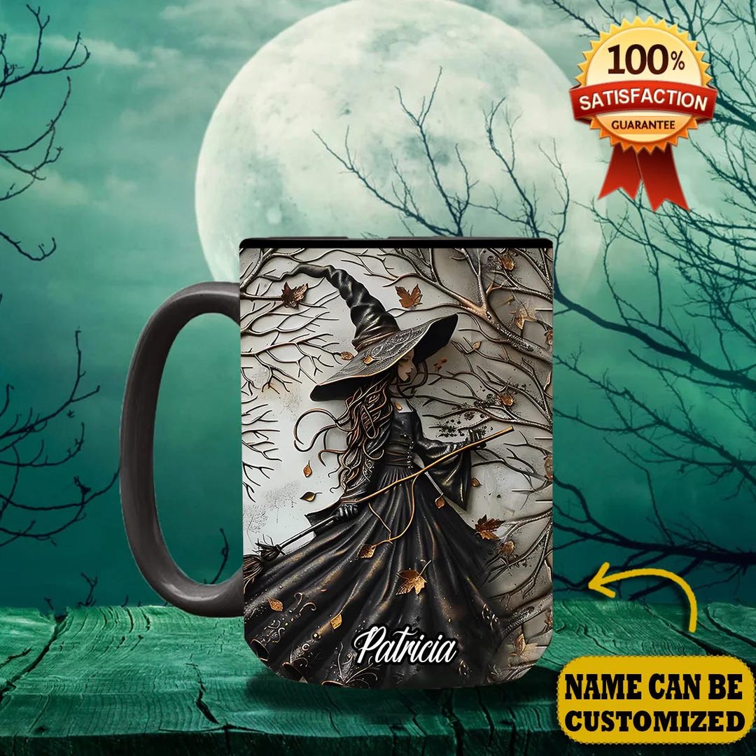 Beautiful Stained Glass Witch Personalized Witch Black Mug Wiccan ...