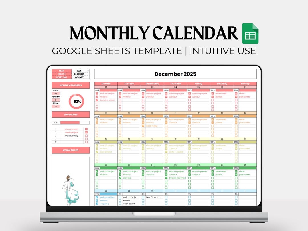 Google Sheets Calendar – Google Sheets Template – Monthly Calendar ...
