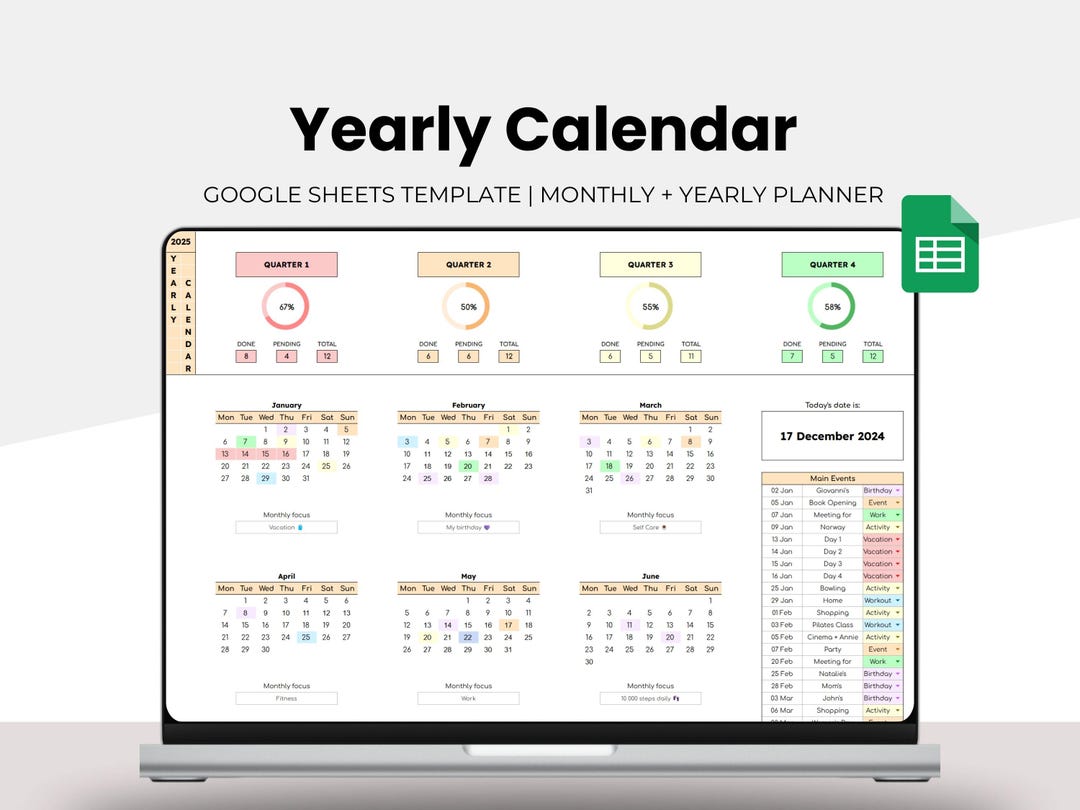 Yearly Planner - Google Sheets Template - Monthly Calendar - Task ...