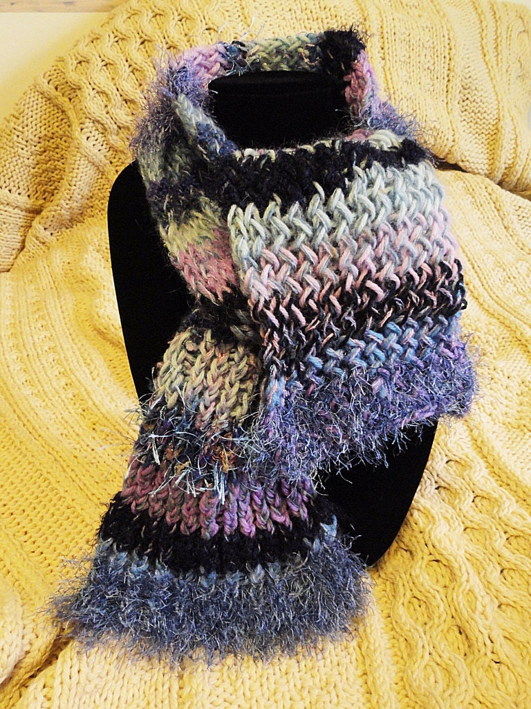 Multi-texture Scarf, Multiple Yarns, Blues With Lavender, Unique, Boho ...
