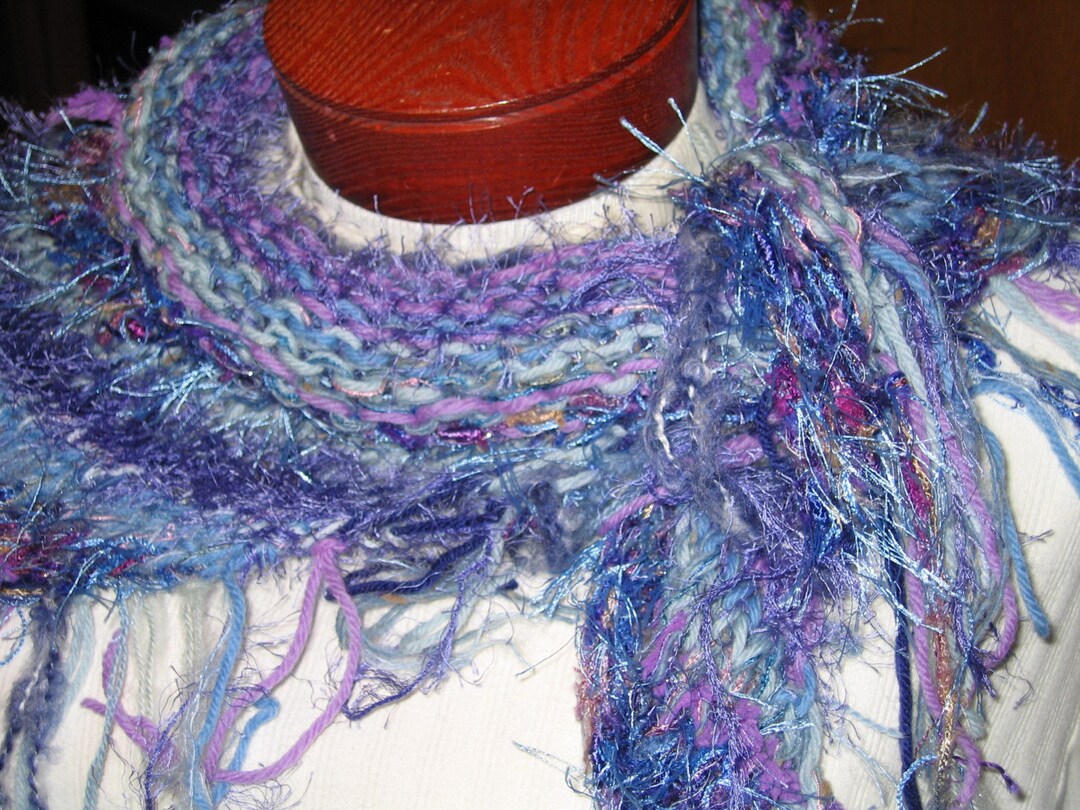 Multi-texture Shaw, Hand Knit, Shades of Blue, Lavender, Upcycled Yarn ...