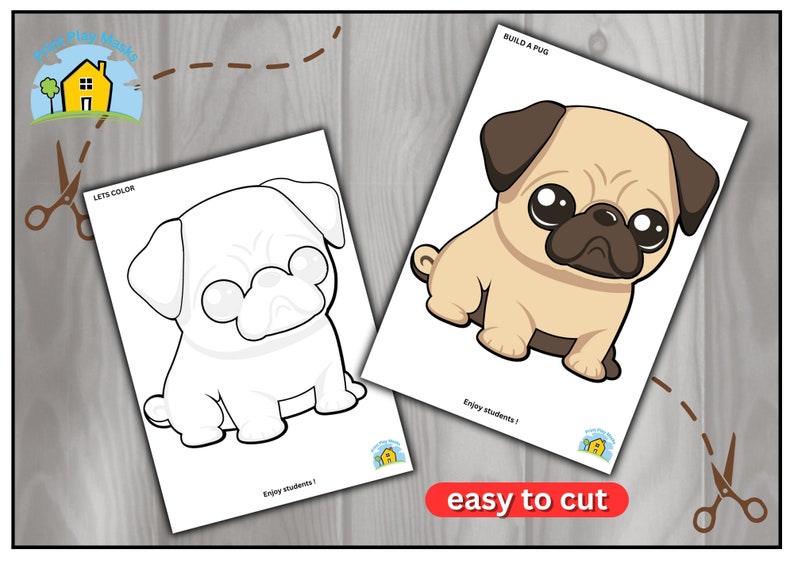 Build A PUG, Preschool Coloring, Cut and Glue Activity, Printable Paper ...