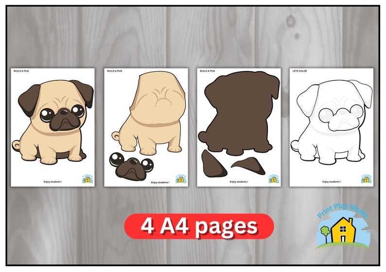 Build A PUG, Preschool Coloring, Cut and Glue Activity, Printable Paper ...