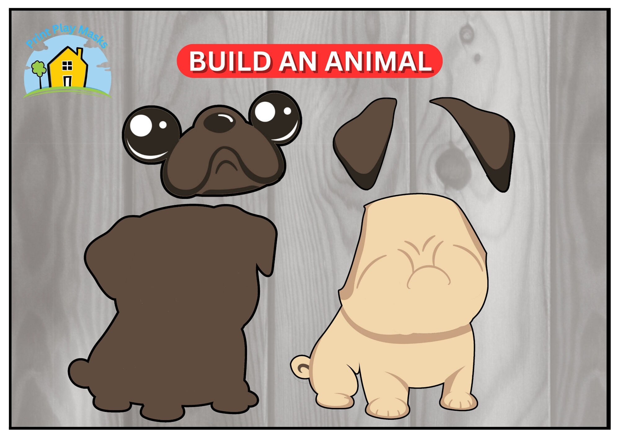 Build A PUG, Preschool Coloring, Cut and Glue Activity, Printable Paper ...