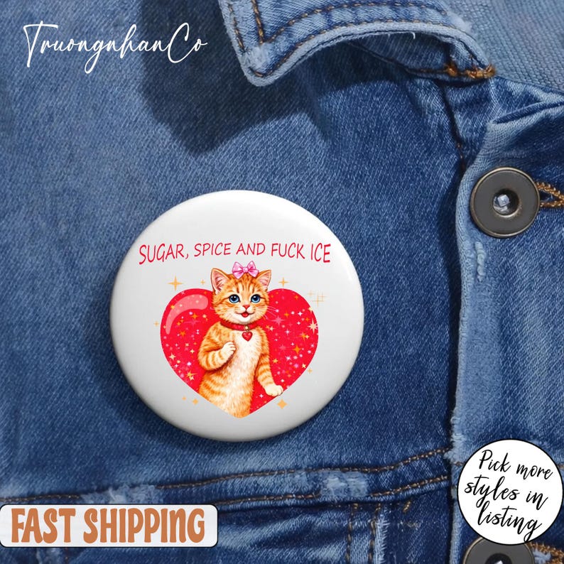 Sugar Spice and Fuck ICE Anti Trump Pin Button, Vintage Cat Protest ...
