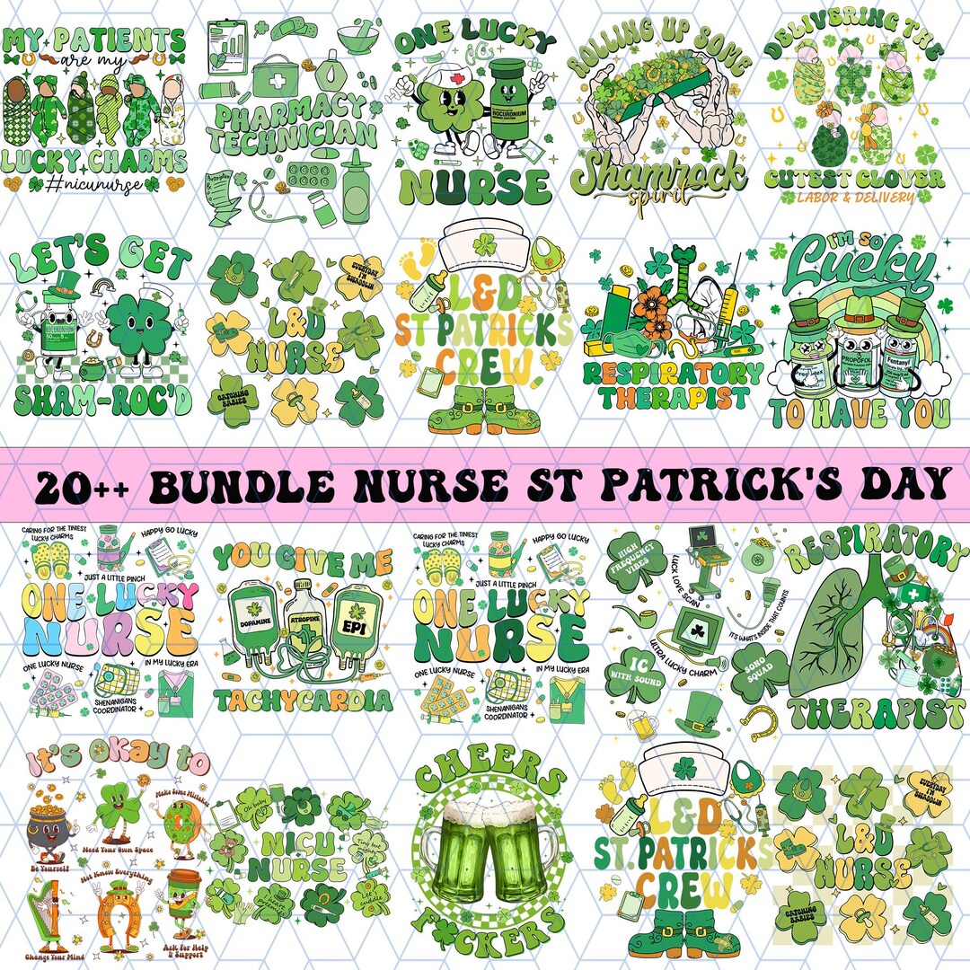 20 Retro Groovy Nurse St Patrick's Day Bundle, One Lucky Nurse Bundle ...