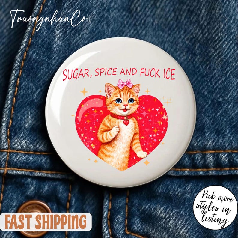 Sugar Spice and Fuck ICE Anti Trump Pin Button, Vintage Cat Protest ...