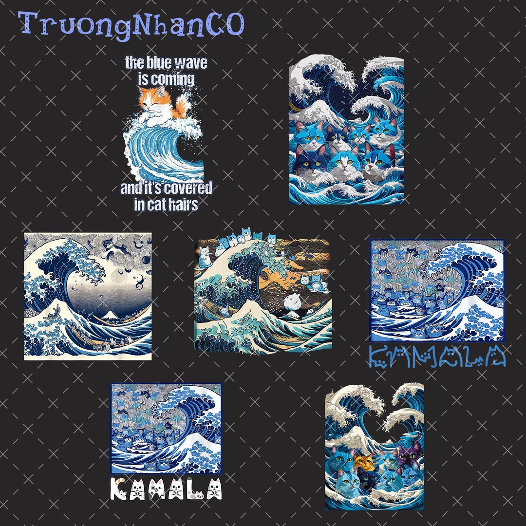 Blue Wave Cat for Kamala Bundle, Inspired Japanese Artistic Cat Lover ...