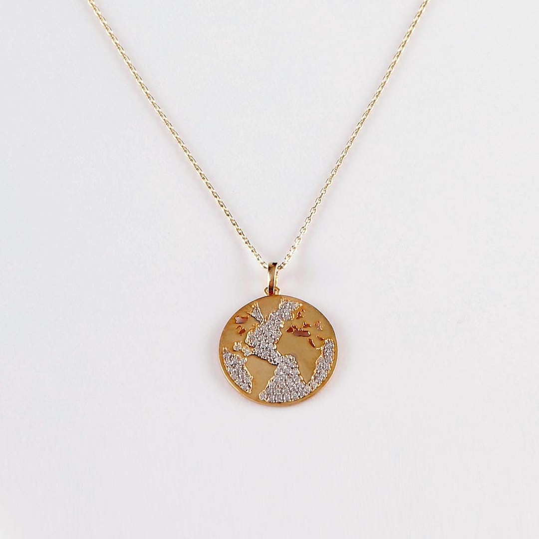 World Map Pendant Necklace for Women Solid Gold Globe Jewelry ...