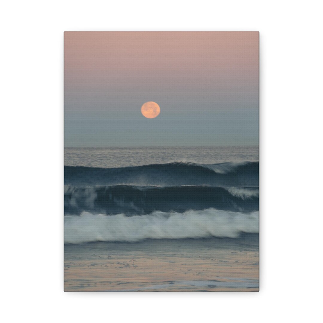 Moonset Over Ocean Waves Tranquil Beach Photography Wall Art Coastal ...