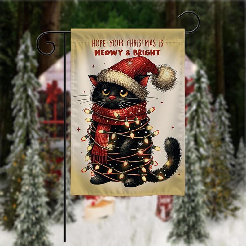 Meowy Christmas Garden Flag: Cat With Lights & Santa Hat (12x18 Inch ...