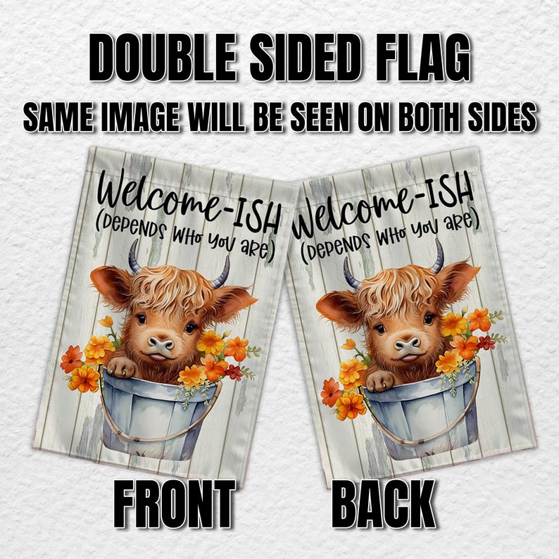 Highland Cow in Bucket With Orange Flowers – Welcome-ish 12x18-inch ...