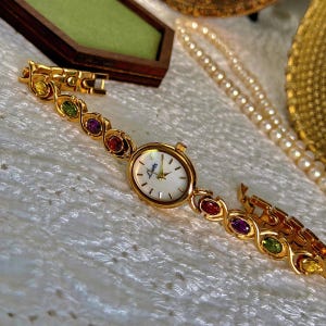 Vintage Style Colorful Diamond Gold Womens Watch, Gold Gemstone Watch ...