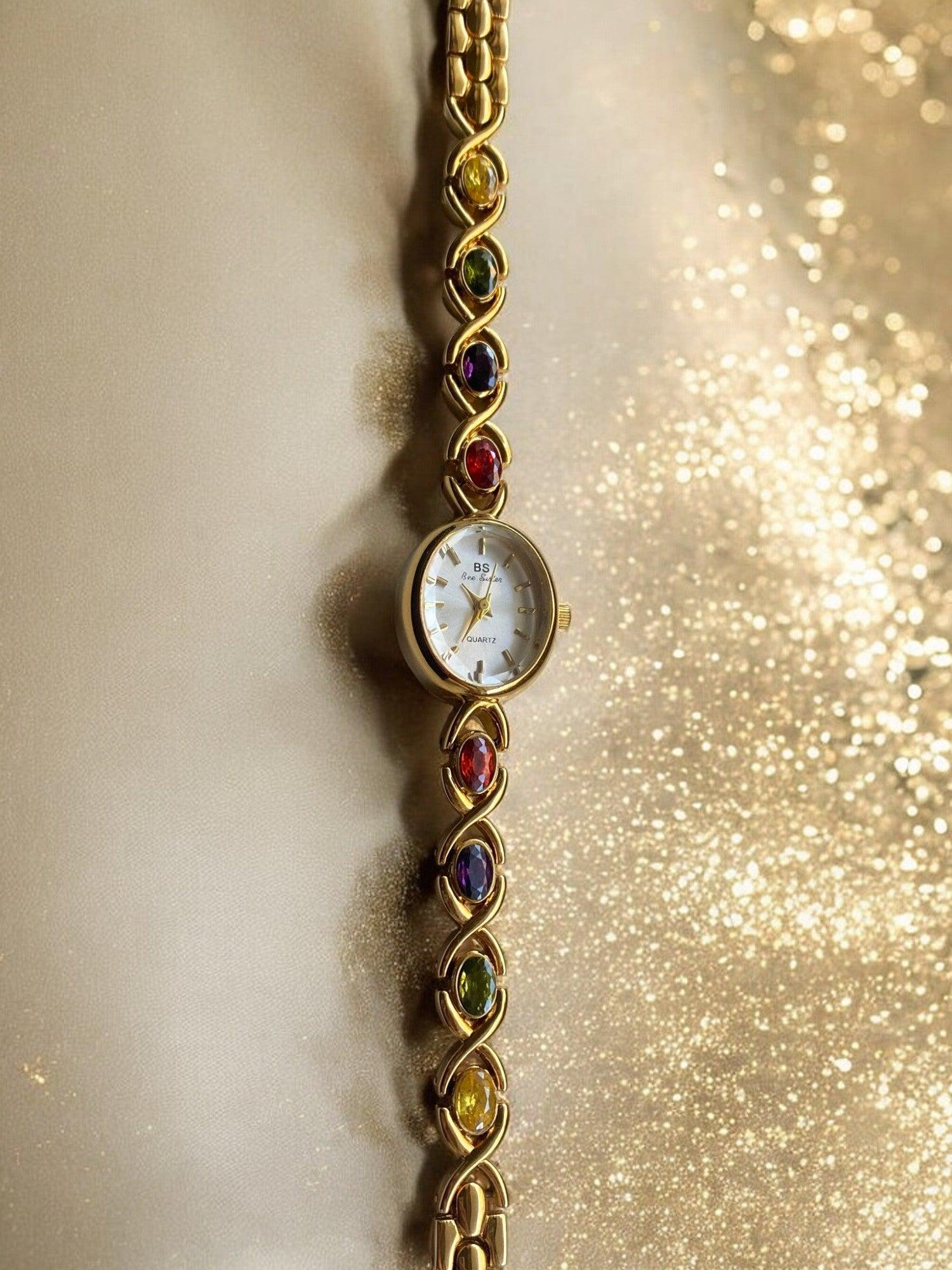 Vintage Style Colorful Diamond Gold Womens Watch, Gold Gemstone Watch ...