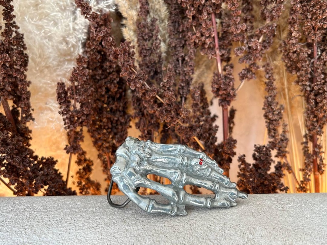 Unique 90s Mexican Metal Bone Belt Buckle Skeleton Hand With Skull Ring ...