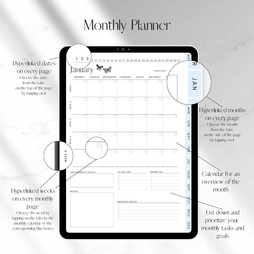 Digital Planner Undated-blue Butterfly Calendar, Daily Weekly Monthly ...
