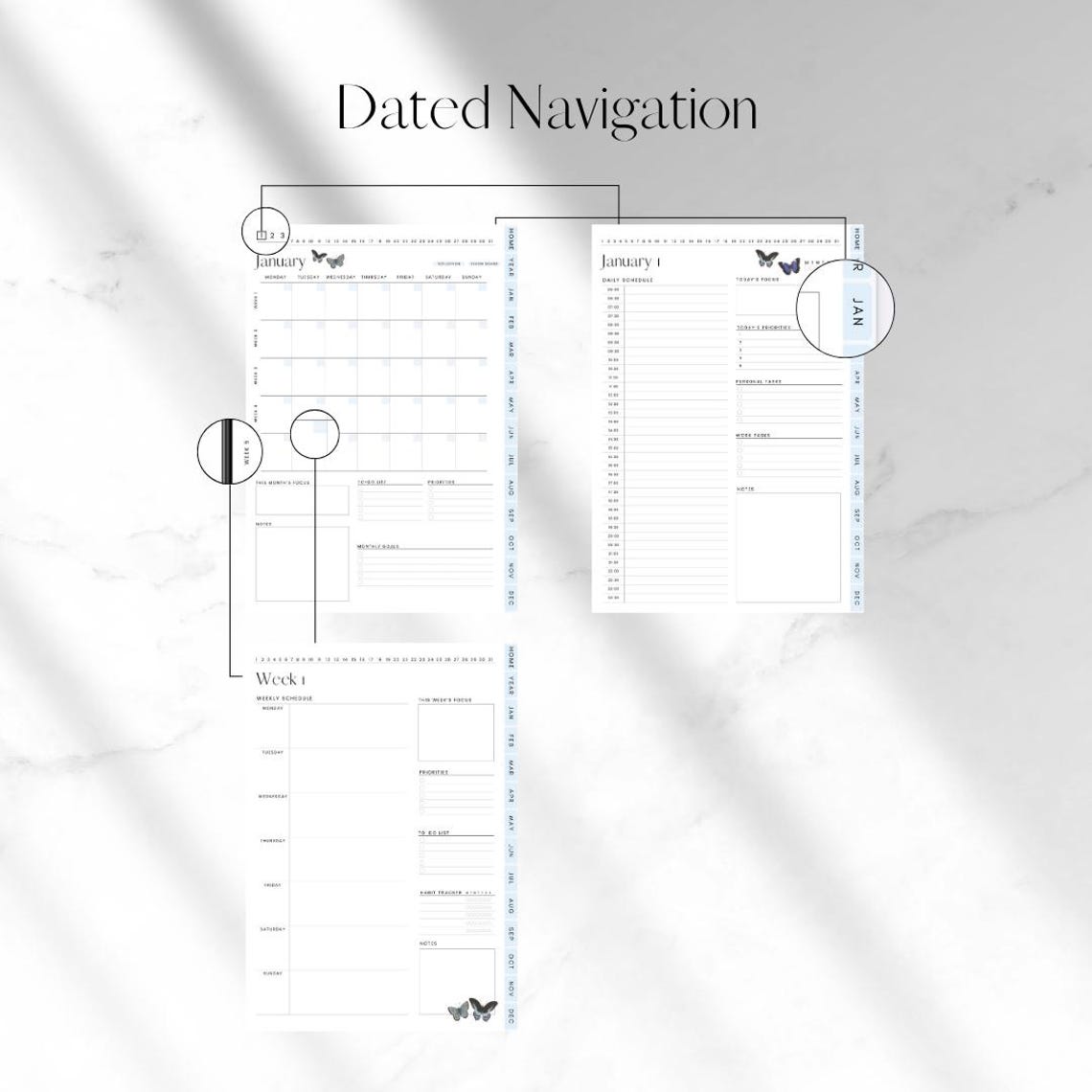 Digital Planner Undated-blue Butterfly Calendar, Daily Weekly Monthly ...