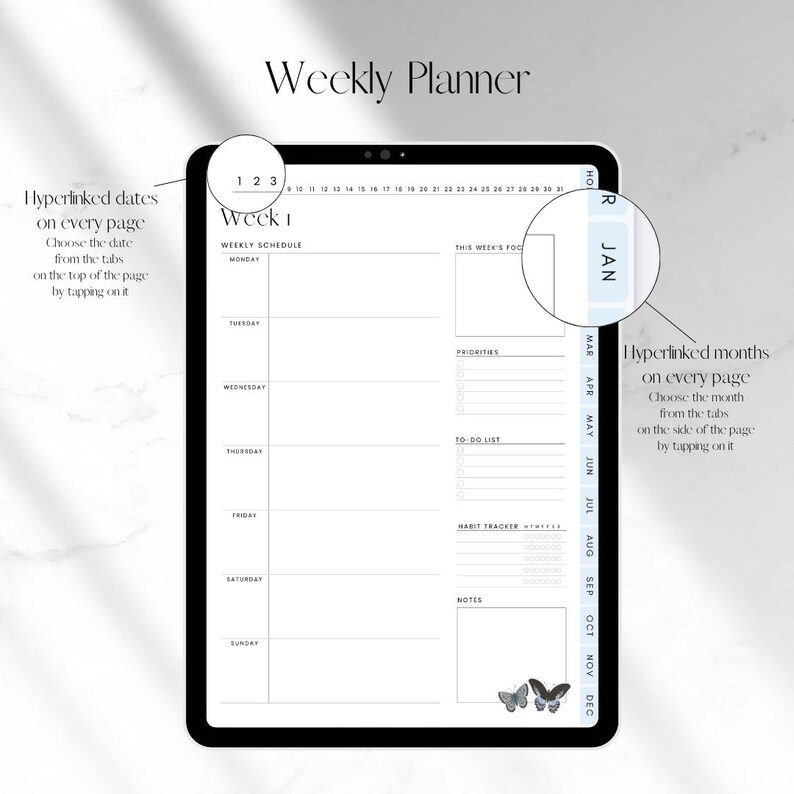 Digital Planner Undated-blue Butterfly Calendar, Daily Weekly Monthly ...