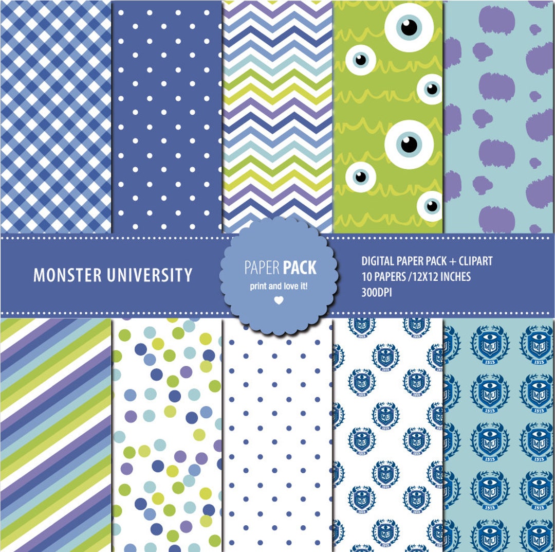 Digital Paper Pack and Clip Art Monster University Printable. 12x12 ...