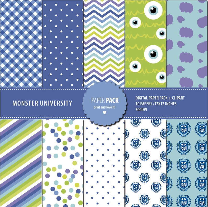 Digital Paper Pack and Clip Art Monster University Printable. 12x12 ...