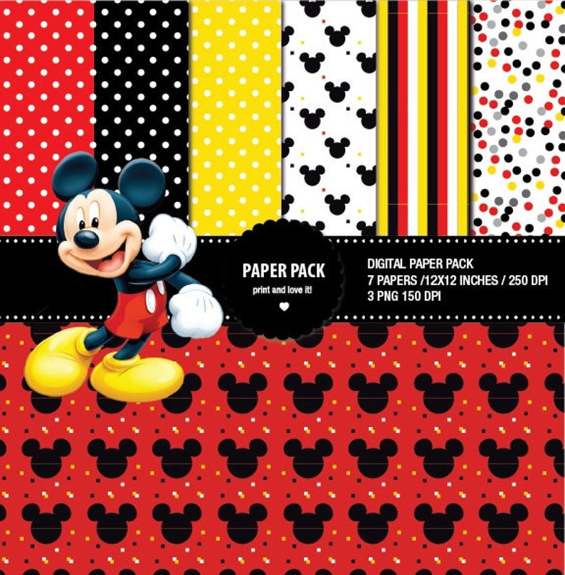 Mickey Mouse Digital Paper Pack, Scrapbooking (printable JPG & PNG ...