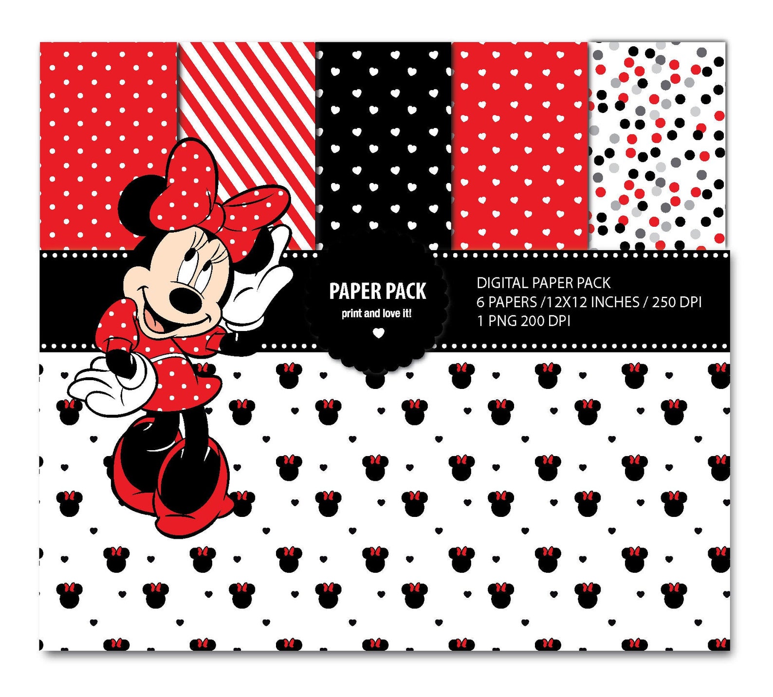 Digital Paper Pack Minnie Mouse. Red. Printable. 12x12 Sheets - Etsy