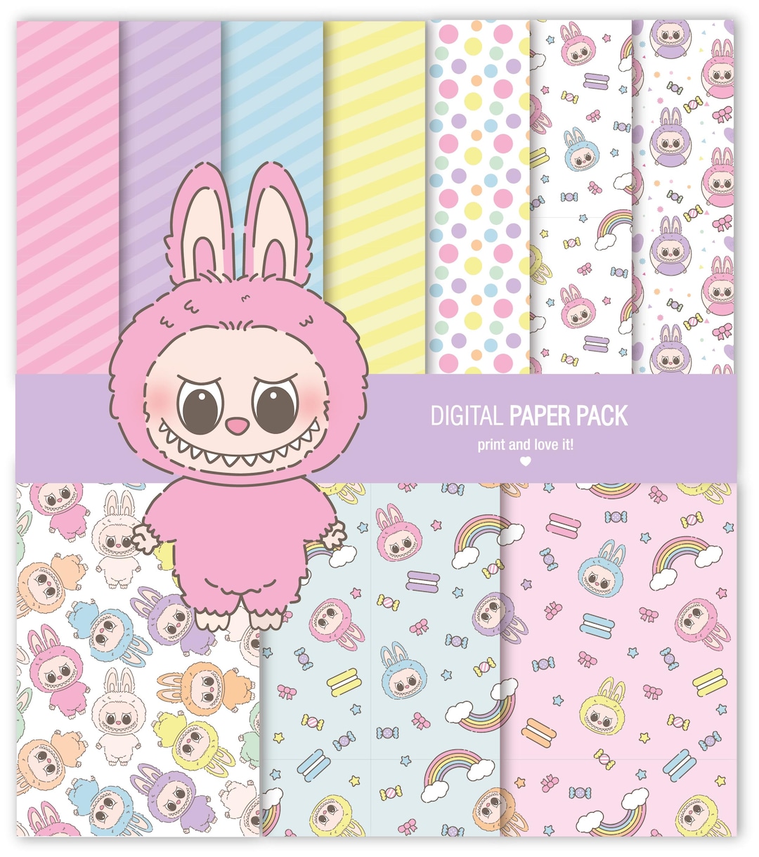 Patrón de papel digital Labubu con lindos fondos de monstruos + 1 ...