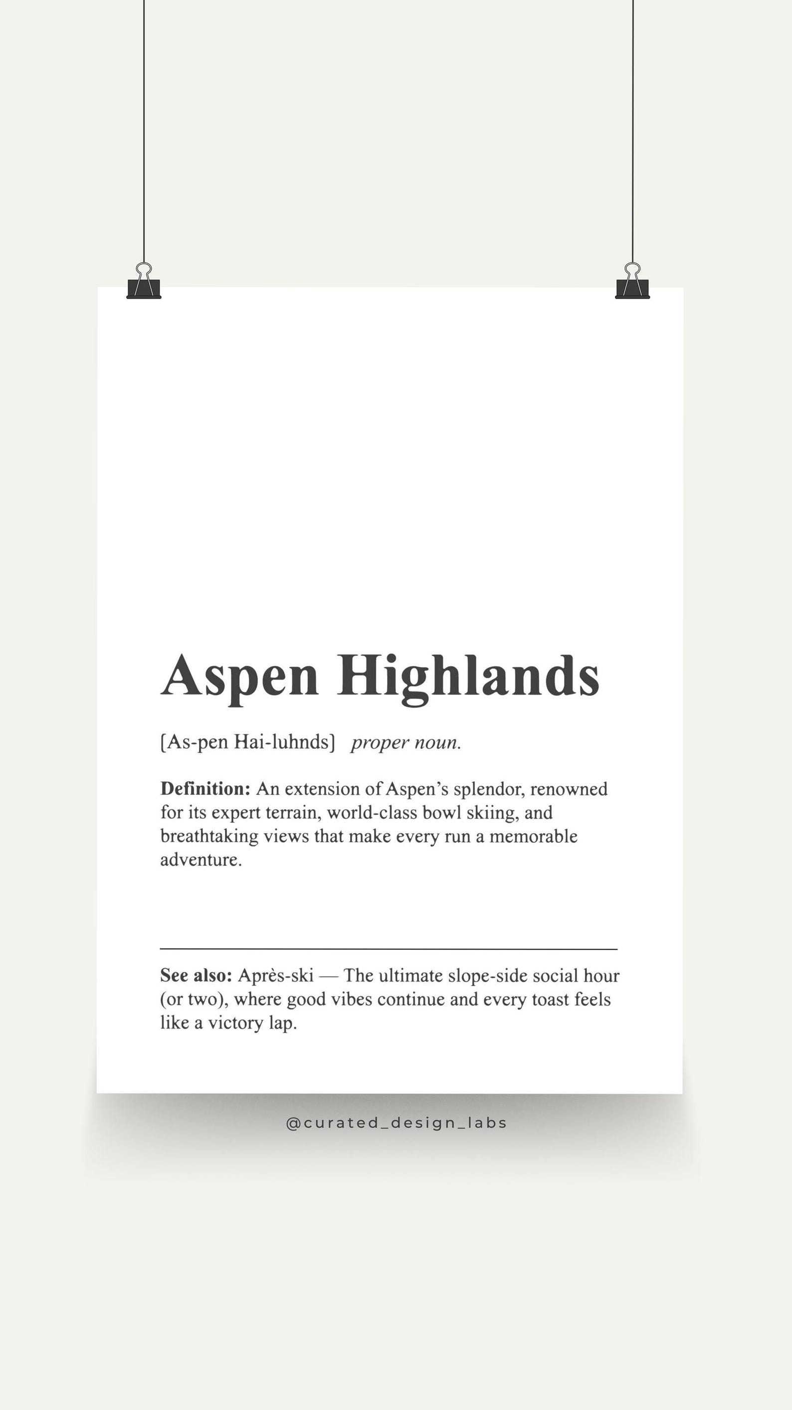 Aspen Highlands Wall Art Ski Town Definition Print Aspen Colorado Home ...