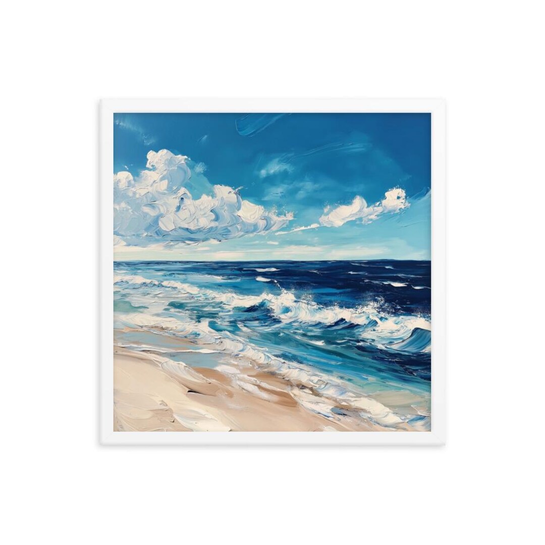 Seashore Wall Art Waves Breaking Painting Blue Sky With Clouds for ...