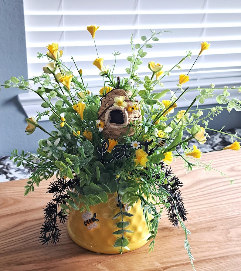 Bee Theme Floral Centerpiece | Summer Table Decor | Rustic Yellow ...