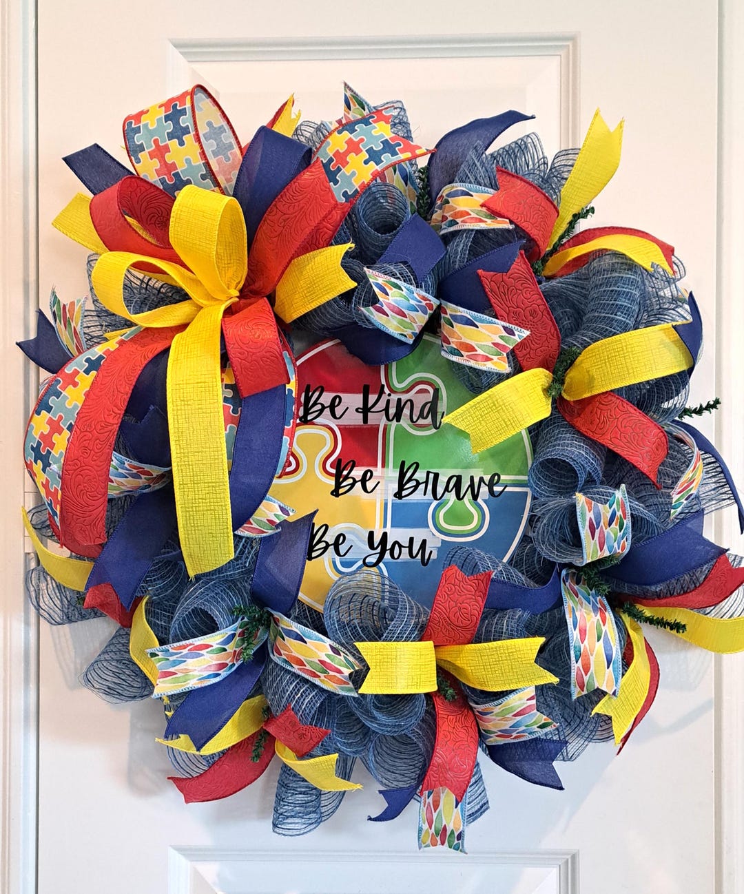 Autism Awareness Wreath - Colorful Puzzle Piece Ribbon Decor | Be Kind ...