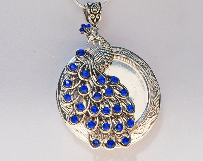 Locket Necklace Peacock and Sterling Silver 26 Inch Long Chain - Etsy