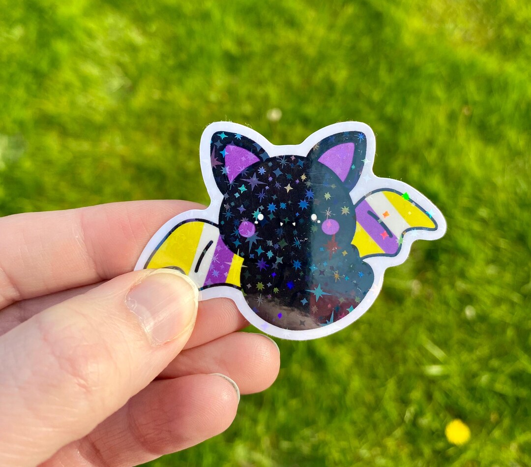 Kawaii Bat Sticker | Non Binary Pride Flag | Holographic Star Vinyl - Etsy