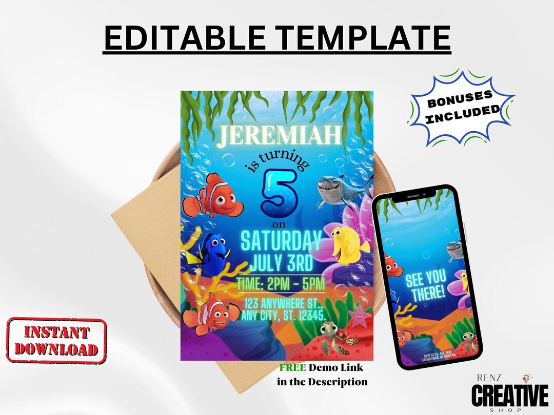 Editable Finding Nemo Birthday Invitation Template - Digital Instant ...