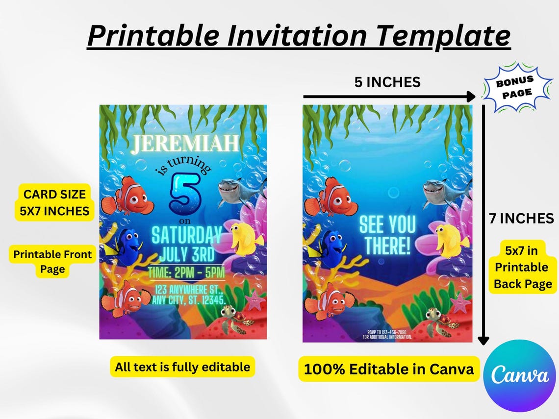 Editable Finding Nemo Birthday Invitation Template - Digital Instant ...