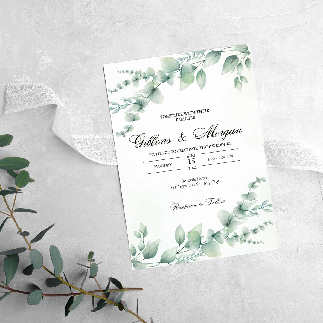 Elegant Greenery Wedding Invitation Template, Editable Digital Download ...