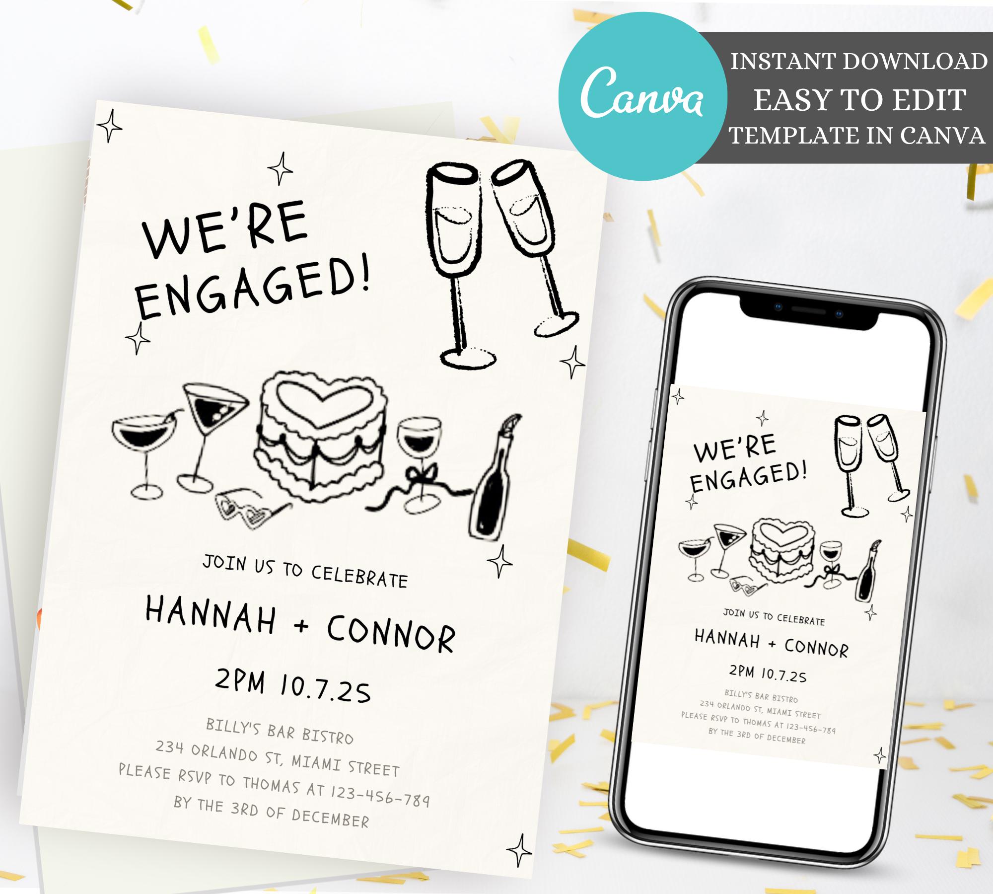 Artistic Engagement Party Invitation, Unique Hand Drawn Engagement ...