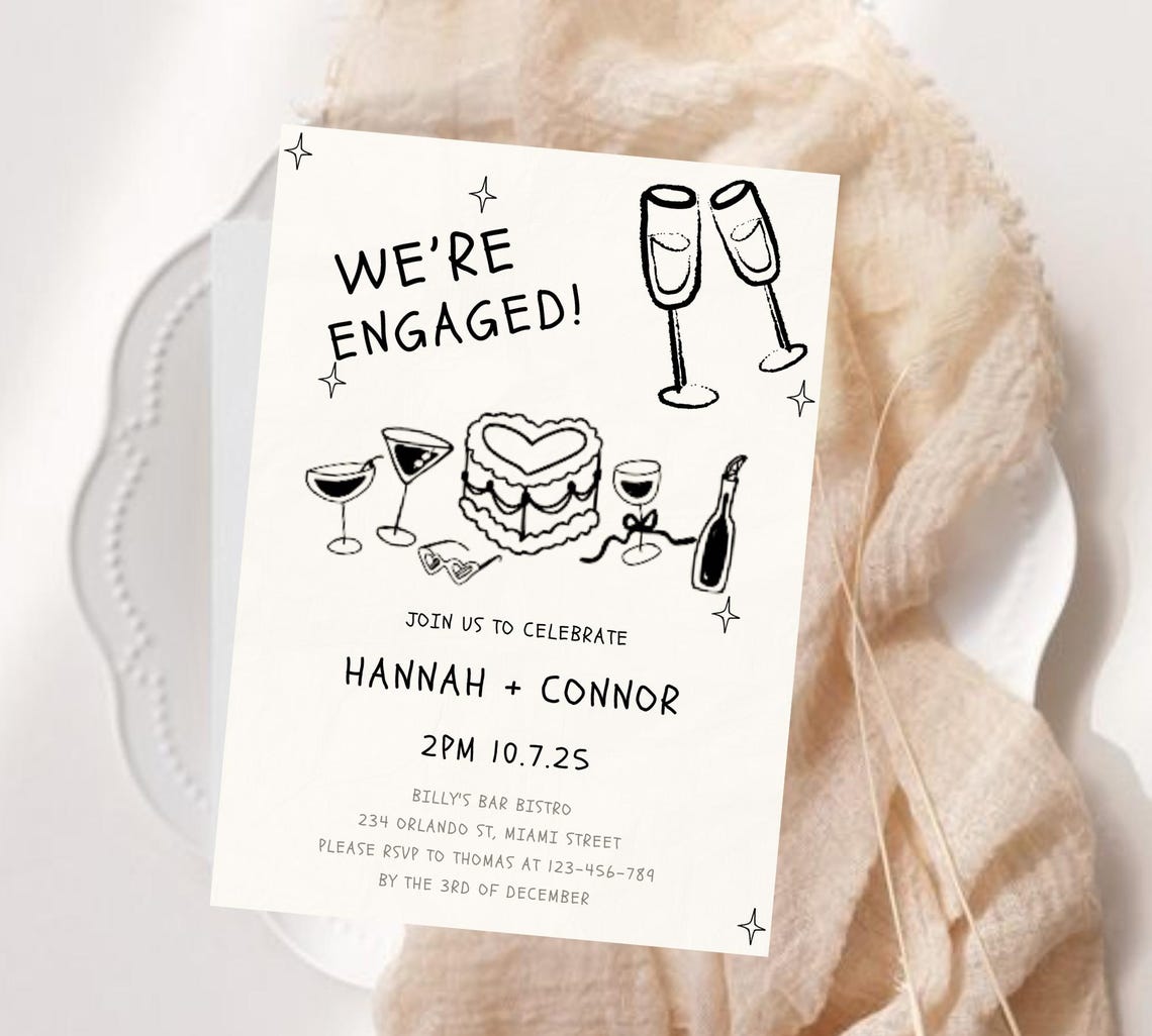 Artistic Engagement Party Invitation, Unique Hand Drawn Engagement ...