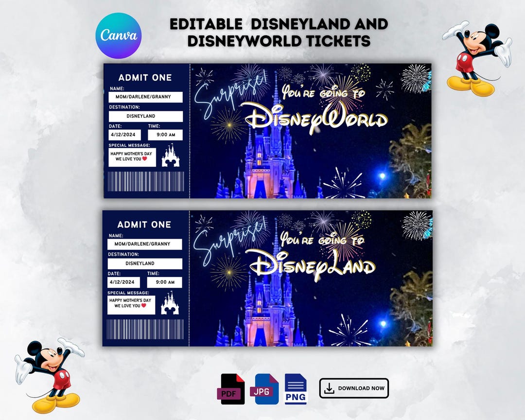 Printable Surprise Disneyland Ticket, Disneyworld Ticket, Editable ...