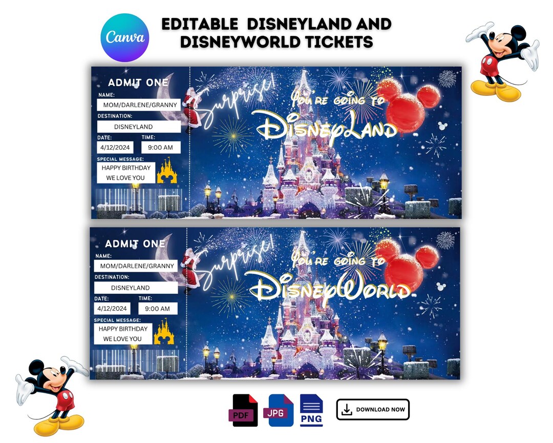 Printable Surprise Disneyland Ticket, Disneyworld Ticket, Editable ...