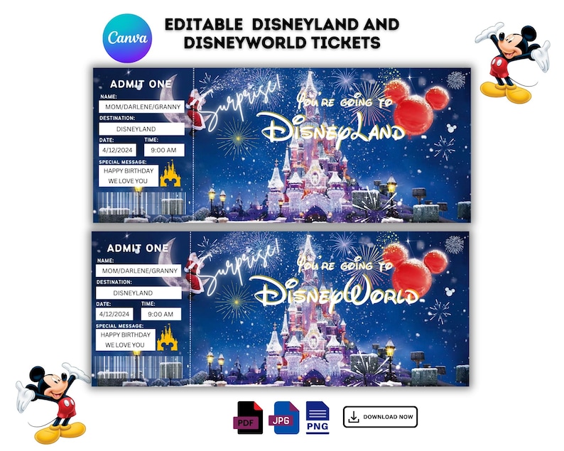 Printable Surprise Disneyland Ticket, Disneyworld Ticket, Editable ...