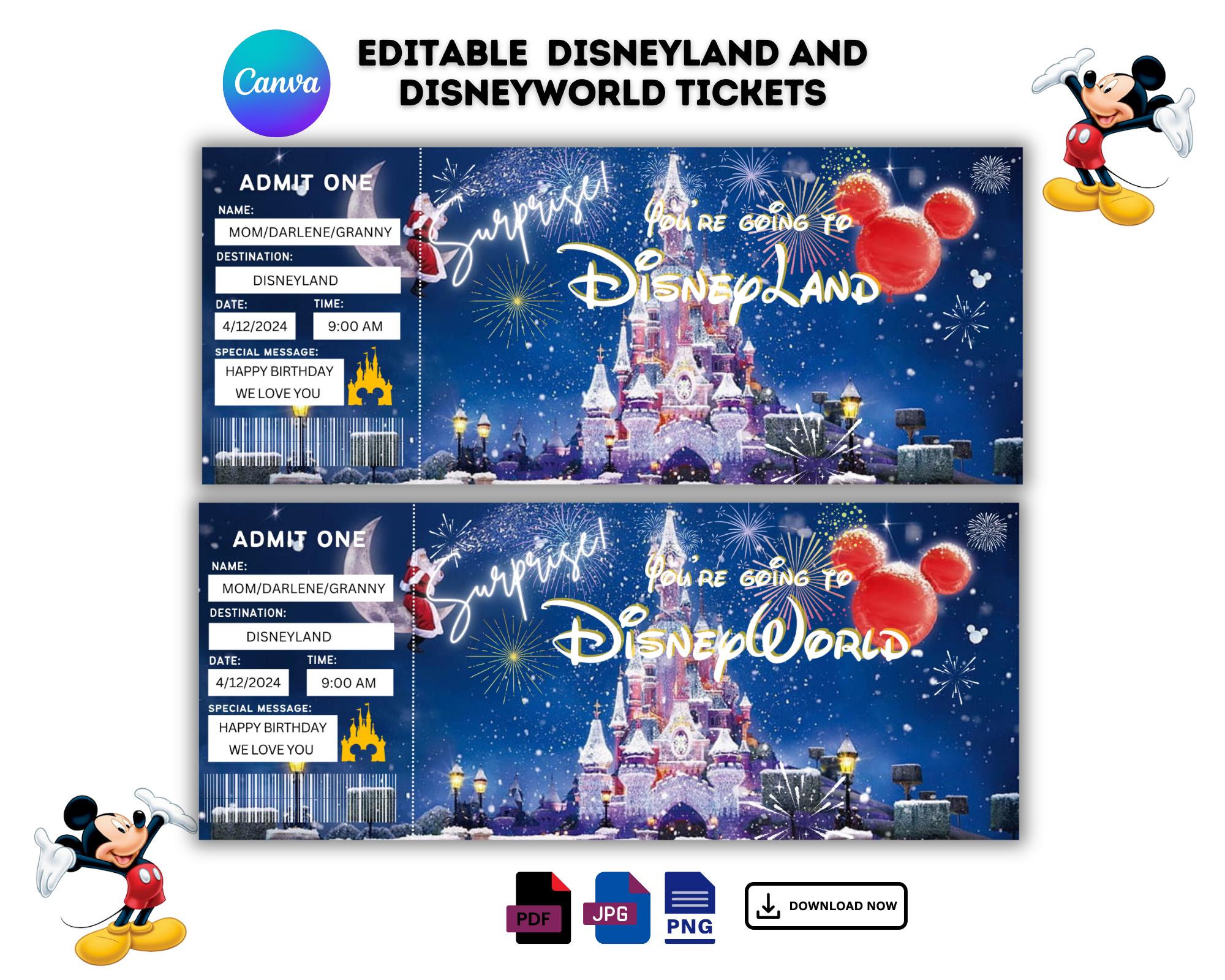 Printable Surprise Disneyland Ticket, Disneyworld Ticket, Editable ...