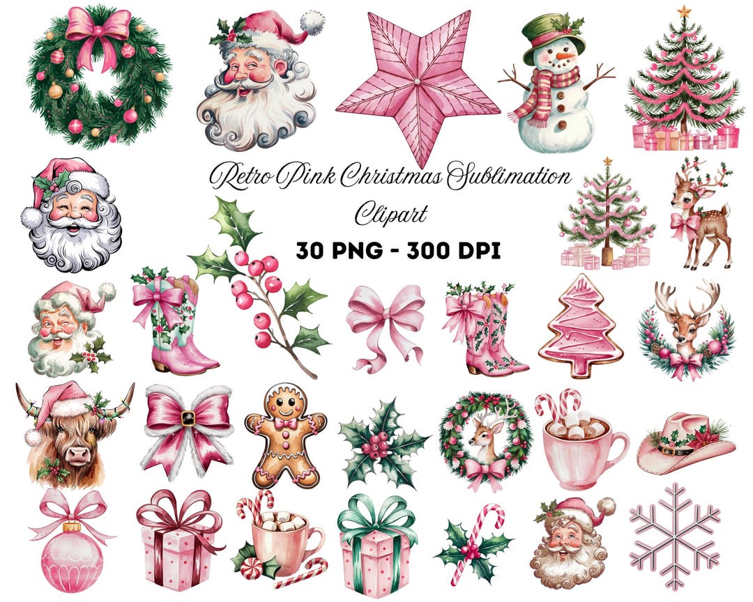 Pink Christmas Clipart Bundle, Cute Christmas Clipart, Santa, Reindeer ...