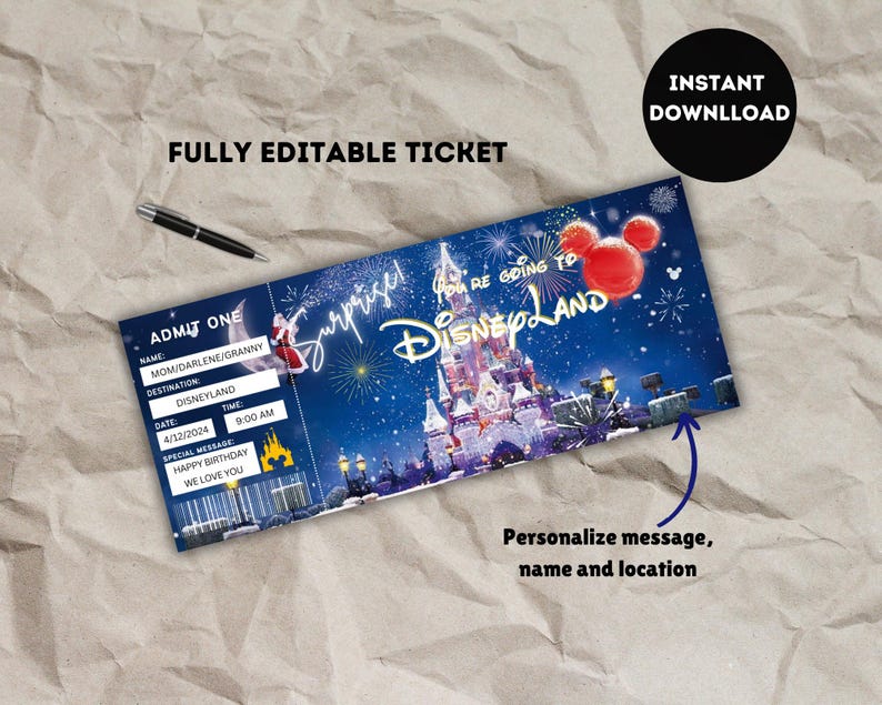 Printable Surprise Disneyland Ticket, Disneyworld Ticket, Editable ...