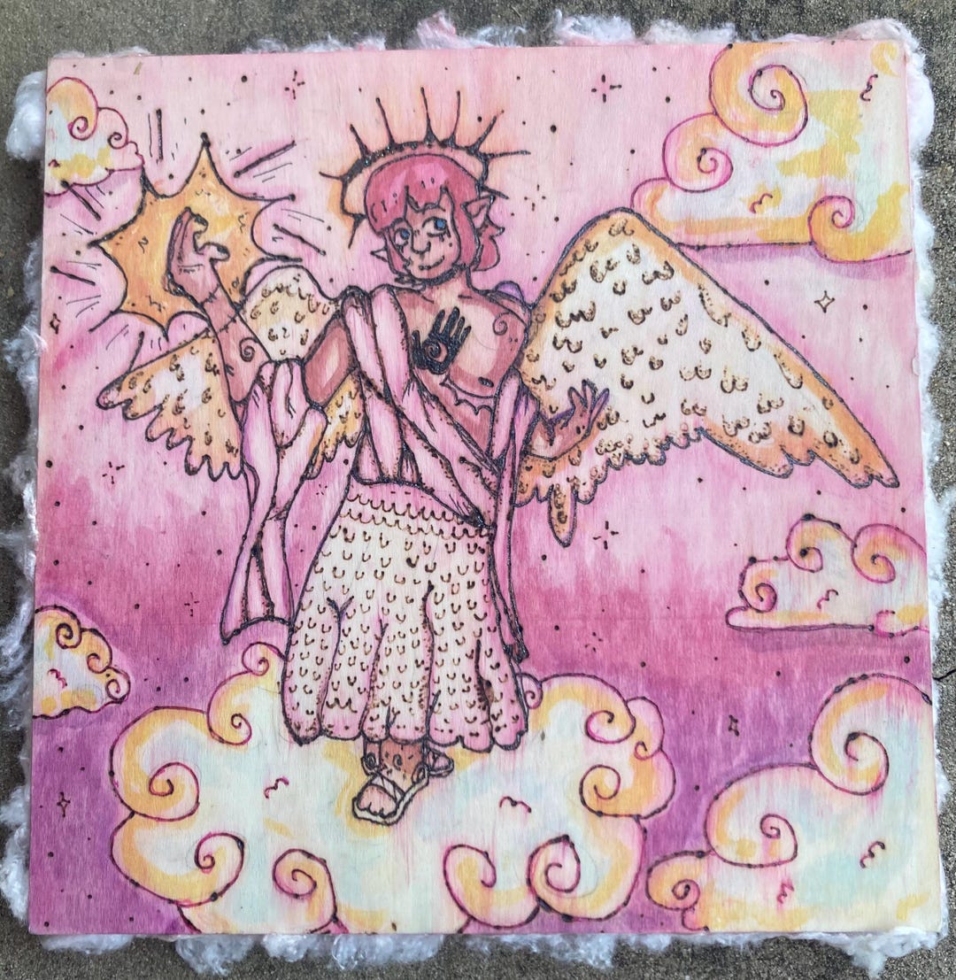 10x10 Angel Woodburning & Watercolor Artwork on Wood - Etsy