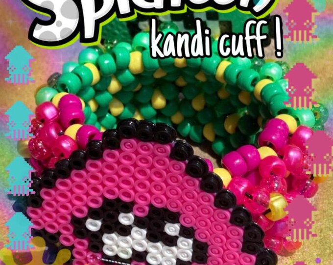 Splatoon Themed Green & Pink Kandi Cuff - Beaded Kandi Bracelet for ...
