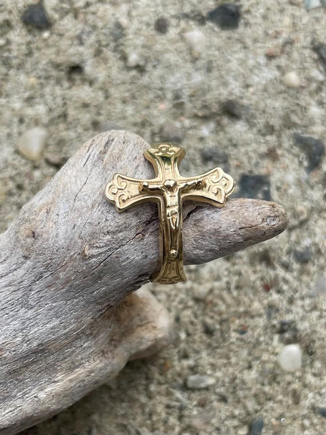 14k Gold Crucifix Ring • Vintage Dainty Religious Band • Yellow Gold ...