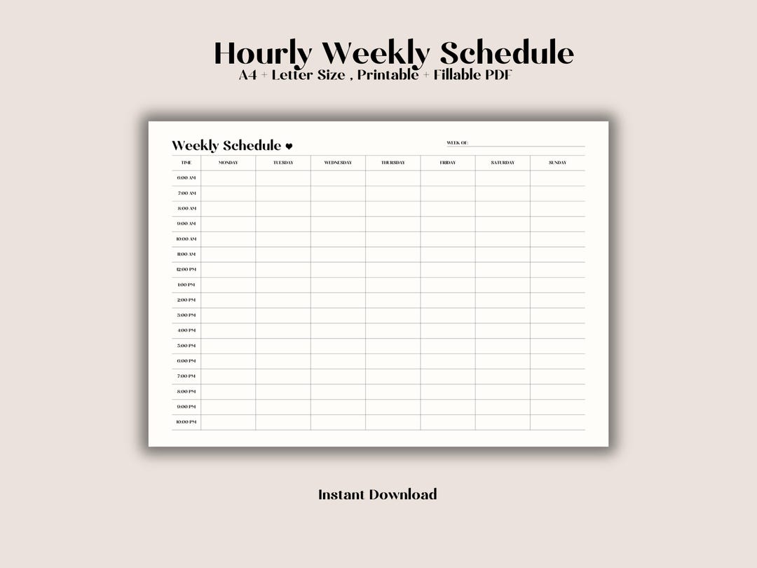 Weekly Hourly Schedule, Printable and Fillable PDF Weekly Agenda, Desk ...