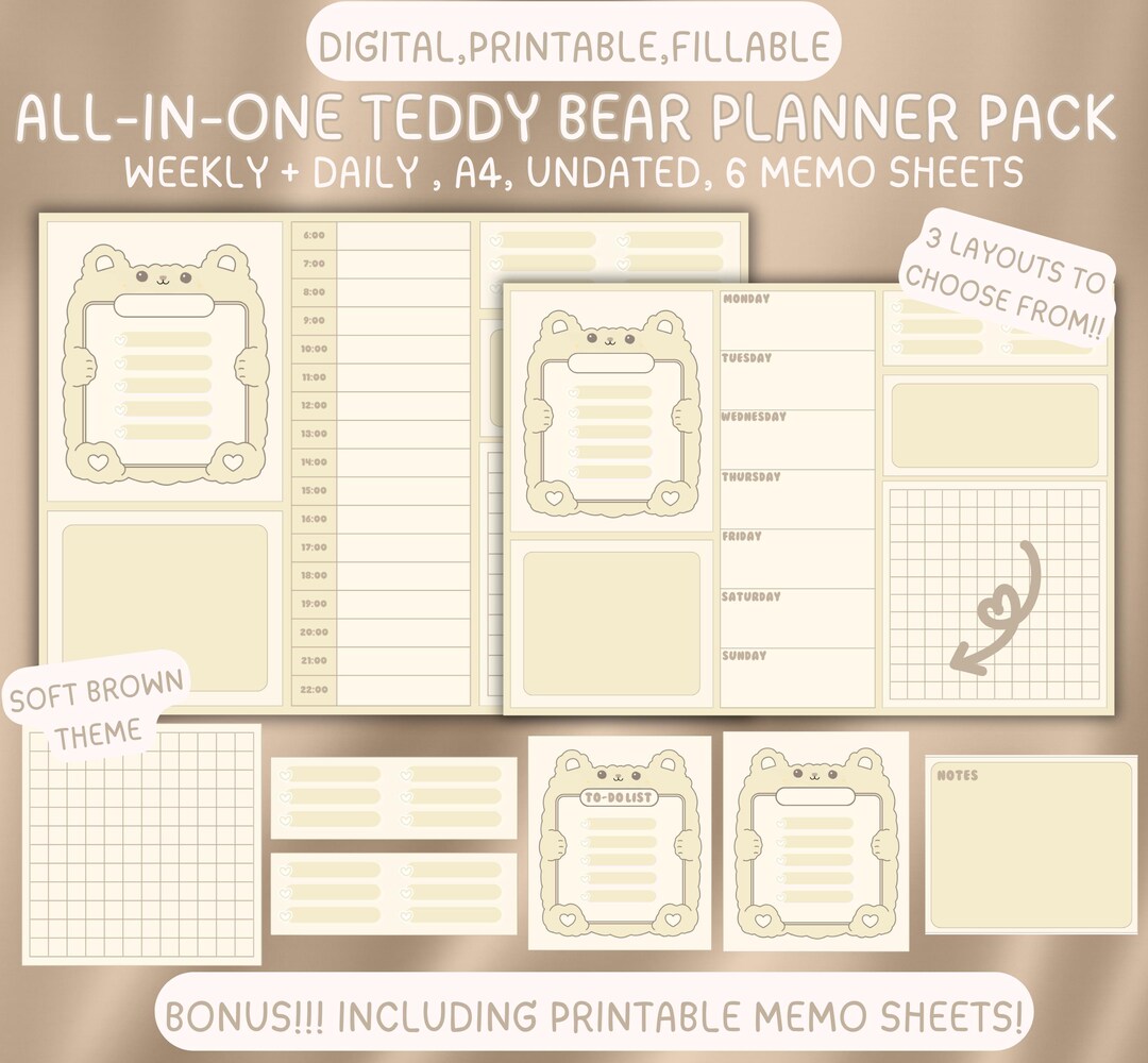 All-in-one Teddy Bear Planner Pack, PRINTABLE Digital,bundled Planner ...